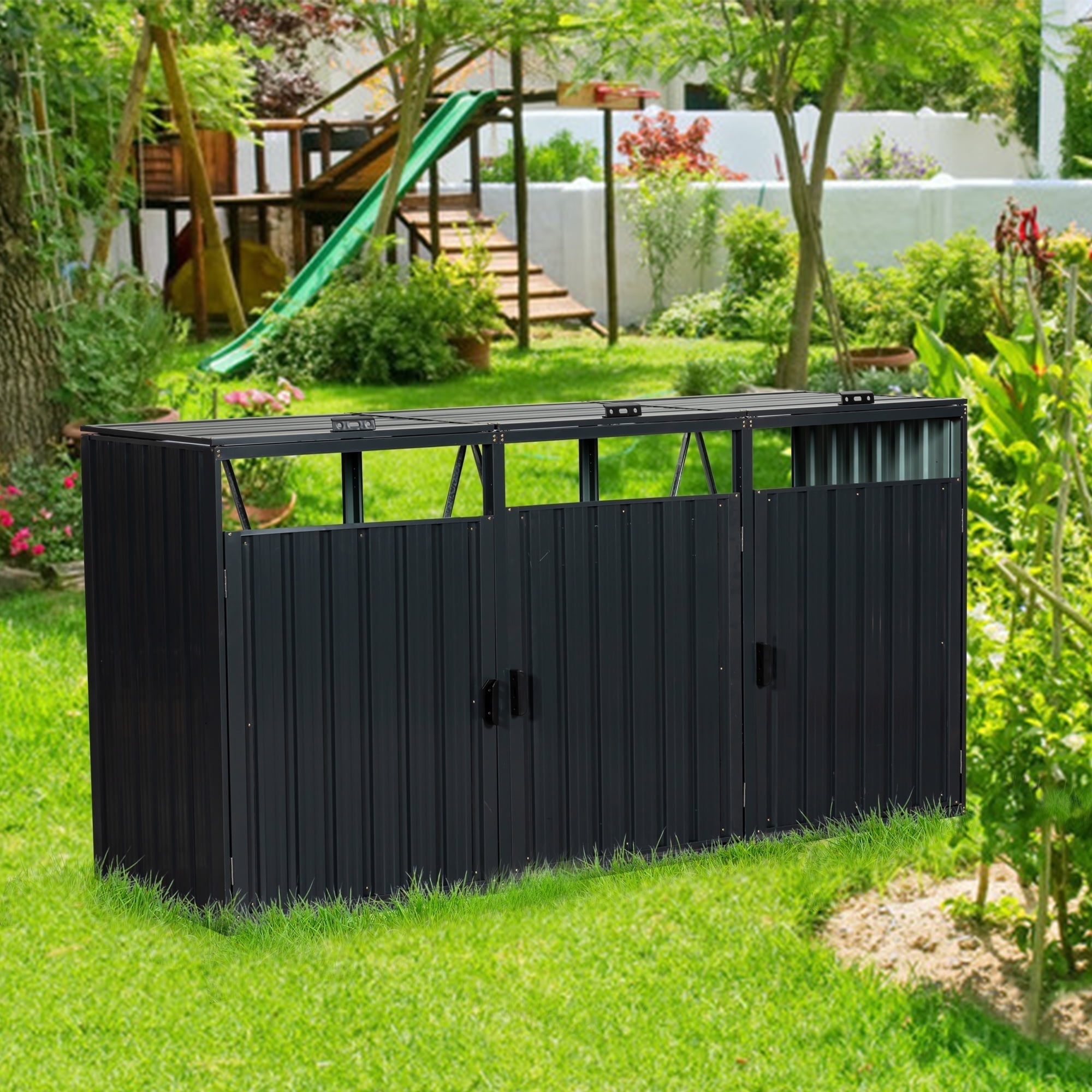 Chery Industrial Metal Garbage Bin Shed for 3 Trash Cans, Outdoor ...