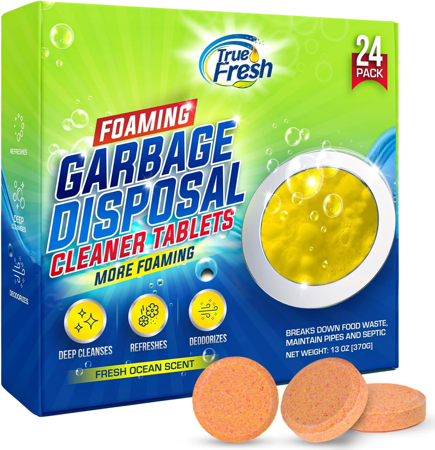 Garbage Disposal Cleaner – 24-Pack Foaming Sink and Drain Deodorizer ...