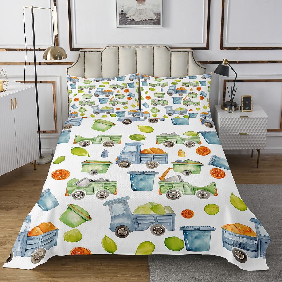 Garbage Truck Coverlet Set Trash Truck Quilt Set Green Garbage Cool ...