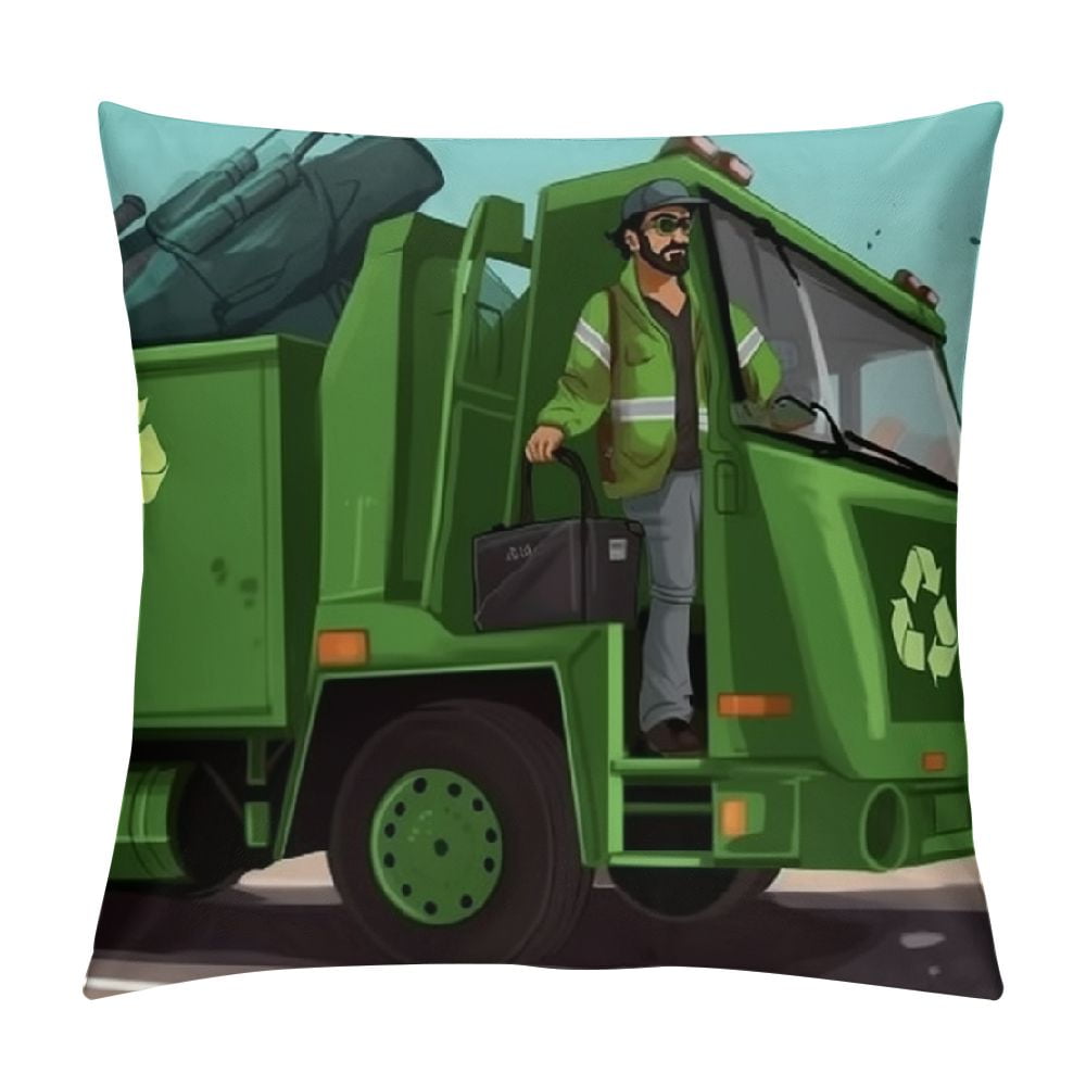 Garbage Truck Pillow Sham, Trash Picking Done by Staff Green Monochrome ...