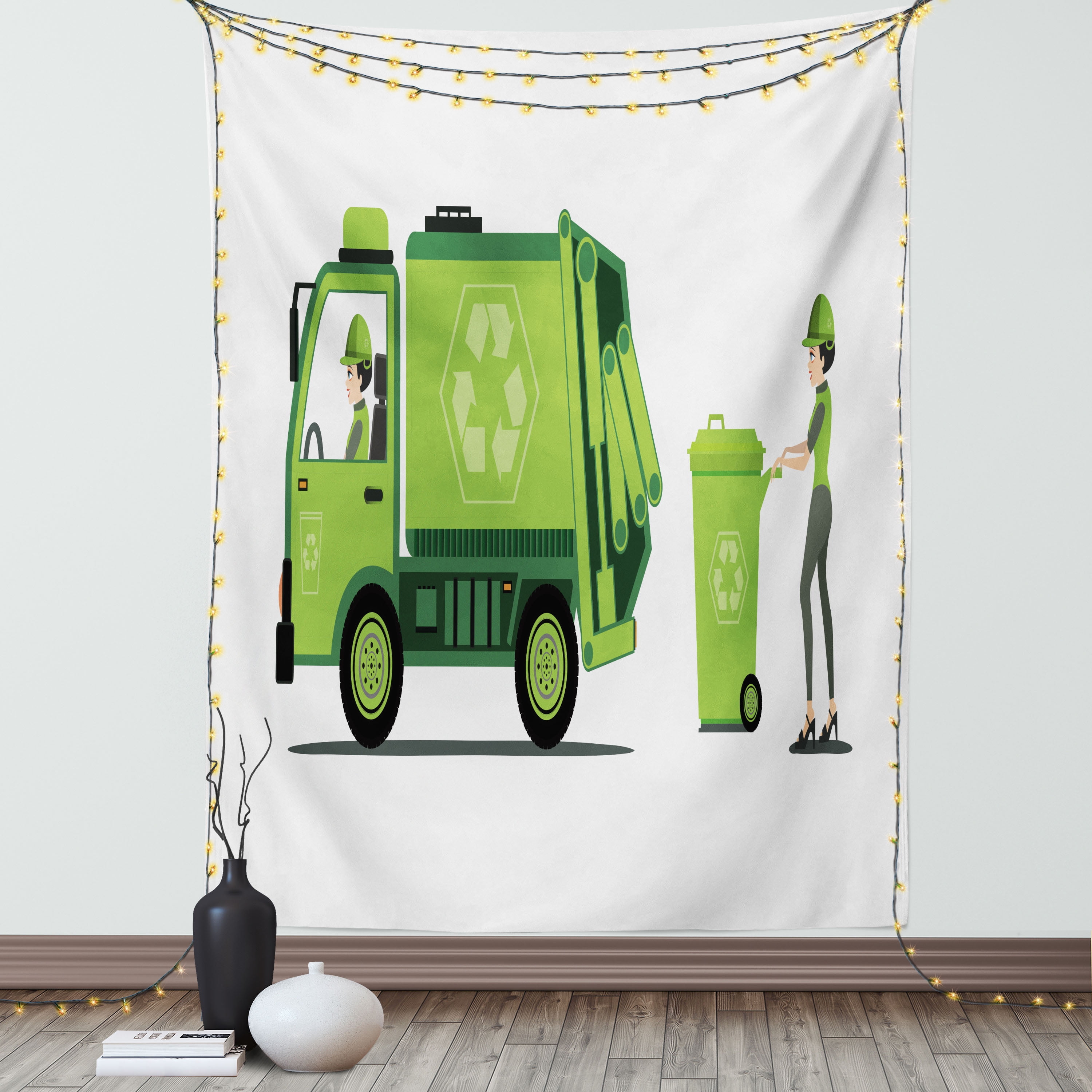 Garbage Truck Tapestry, Trash Picking Done by Staff Green Monochrome ...