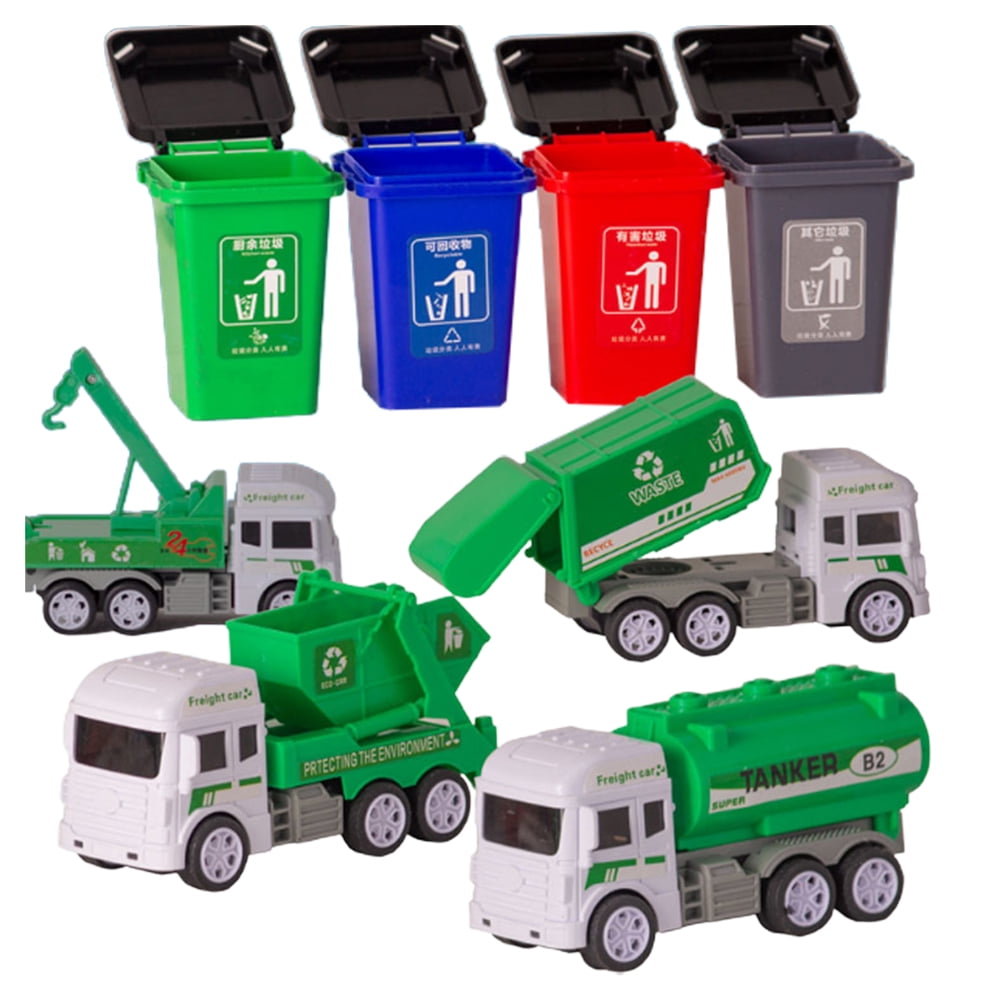 Garbage Truck Toy Simulation Sanitation Garbage Trucks Model With Trash Cans Inertial Dump