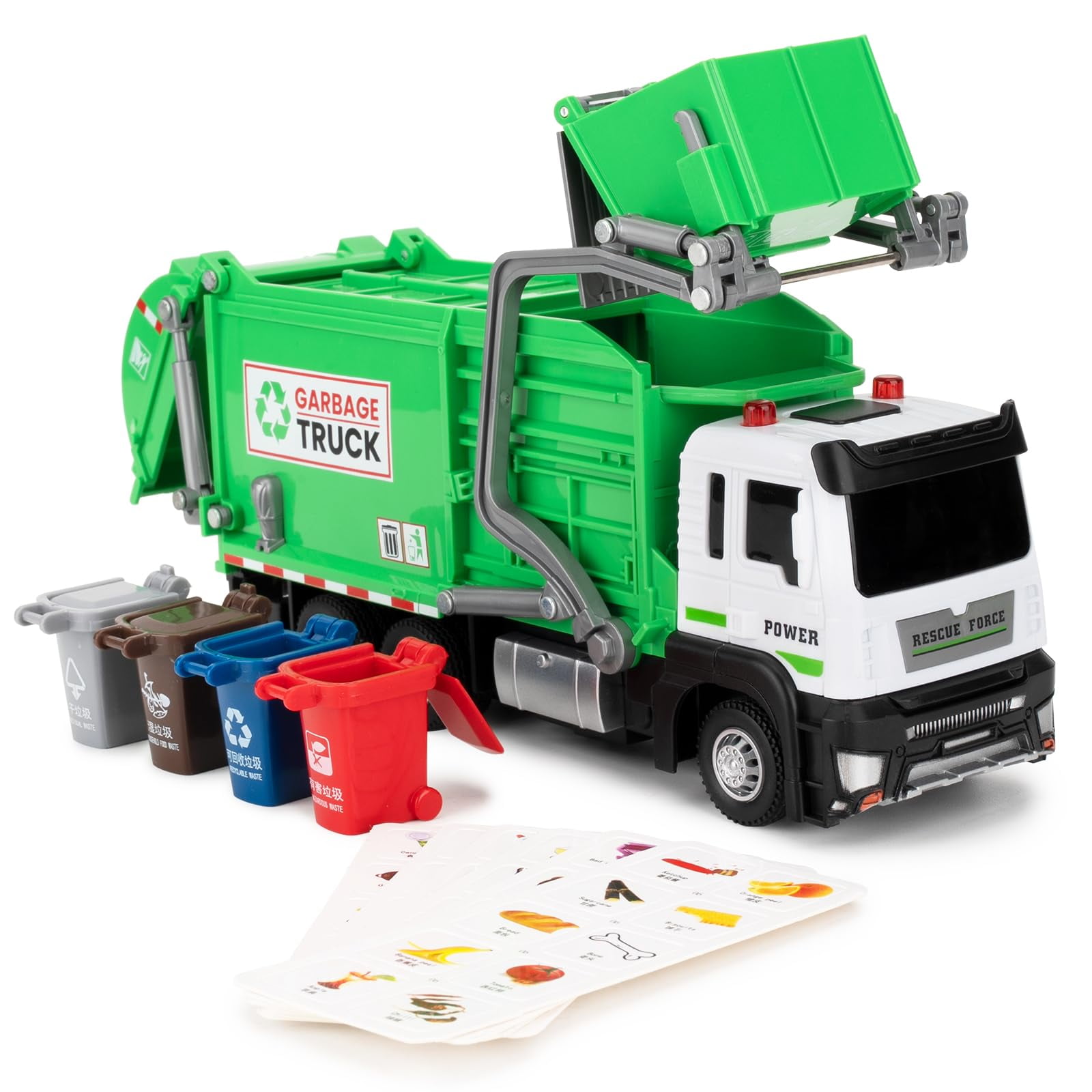Garbage Truck Toys for Kids, Pull Back Plastic Green Car with Sounds and Lights, Educational ...