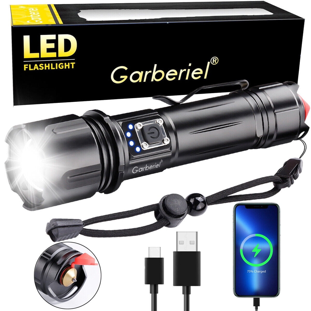 Garberiel Waterproof Powerful LED Flashlight 30000 High Lumens Zoom ...