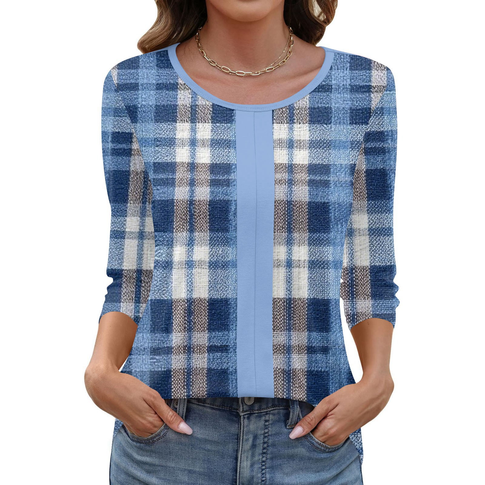 Garbnen 3/4 Length Sleeve Womens Tops Plaid Spring Summer Womens Crew ...