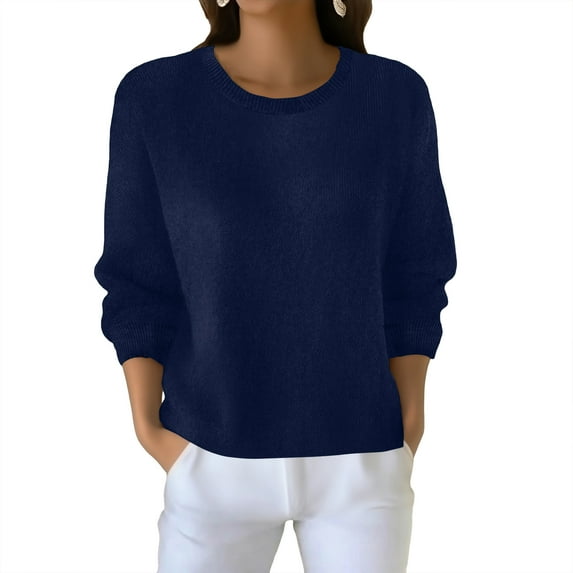 Garbnen Blue Crew Neck Sweaters Women Trendy Fitted Long Sleeve Ribbed ...