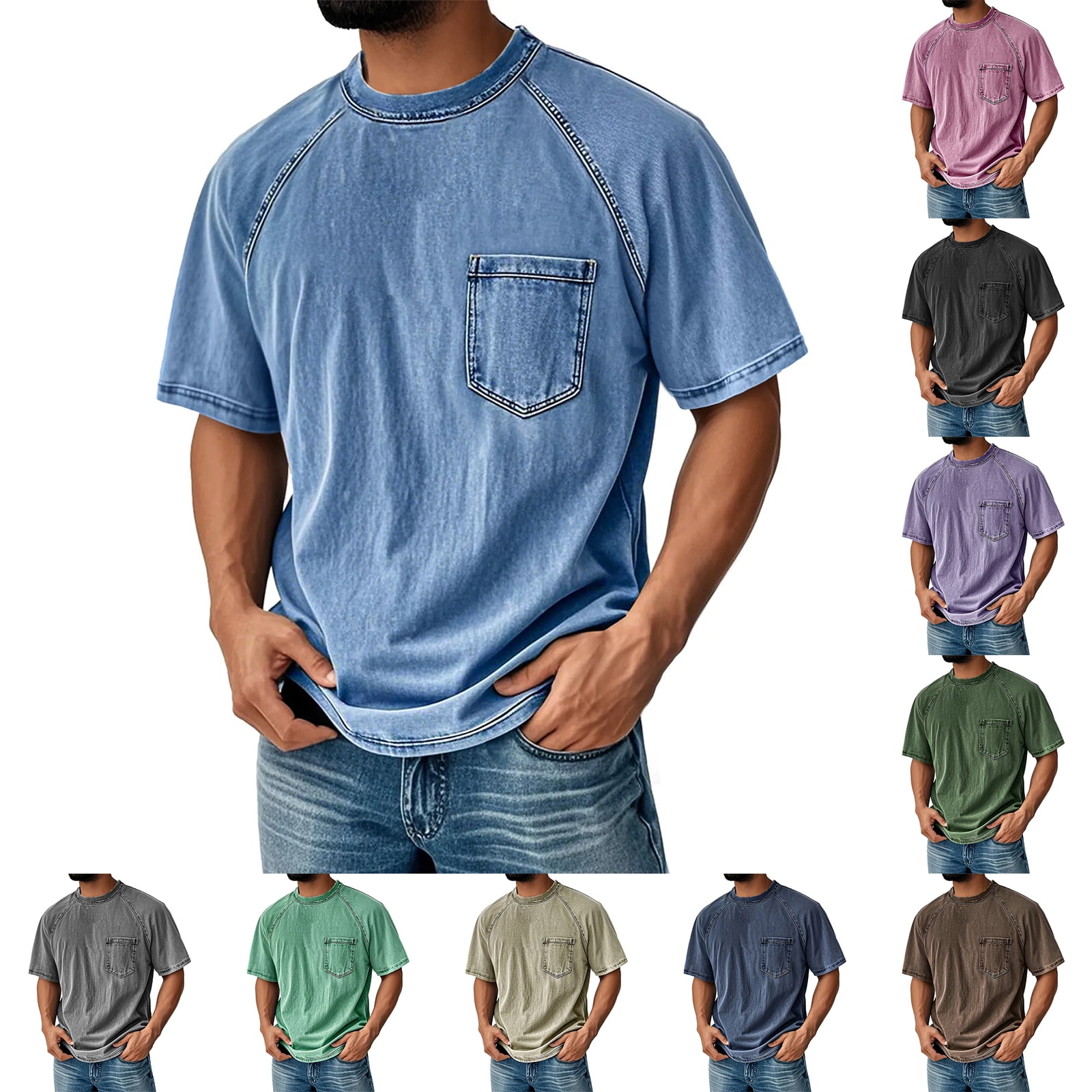 Garbnen Blue Shirts for Men Short Sleeve with Chest Pocket Crewneck T ...