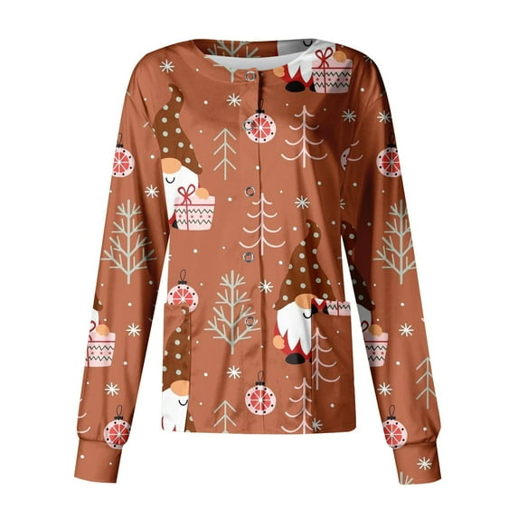 Garbnen Christmas Scrub Jackets for Woman Long Sleeve Snap Front Nurse ...
