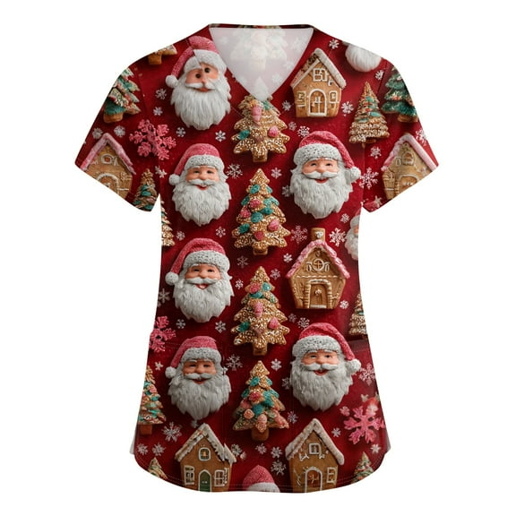 Garbnen Women's Christmas Scrub Tops V Neck Short Sleeve Business ...