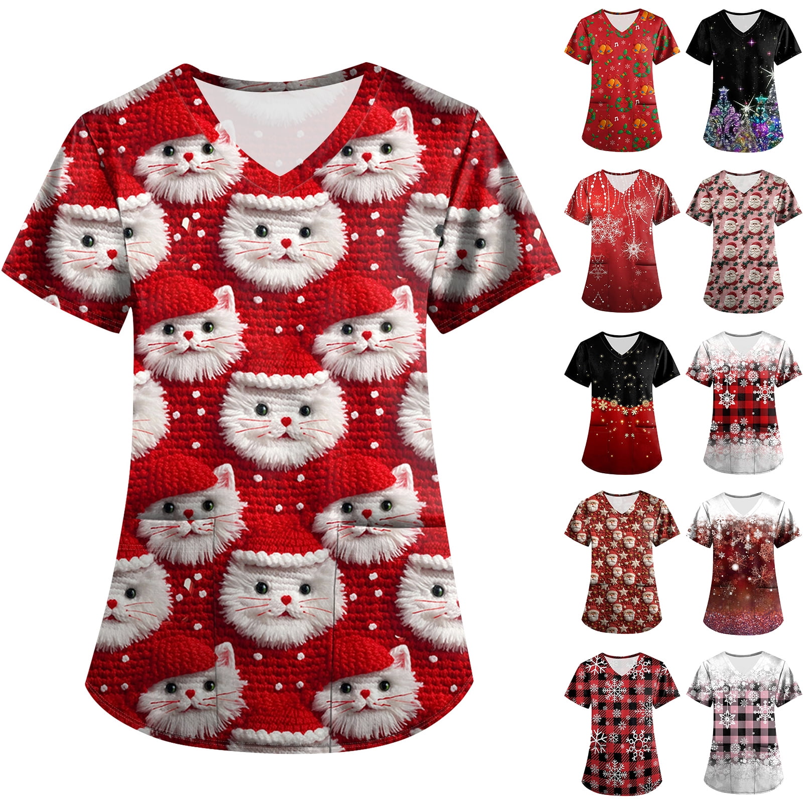 Garbnen Christmas Scrub Top Women V Neck Short Sleeve Work Tops for ...