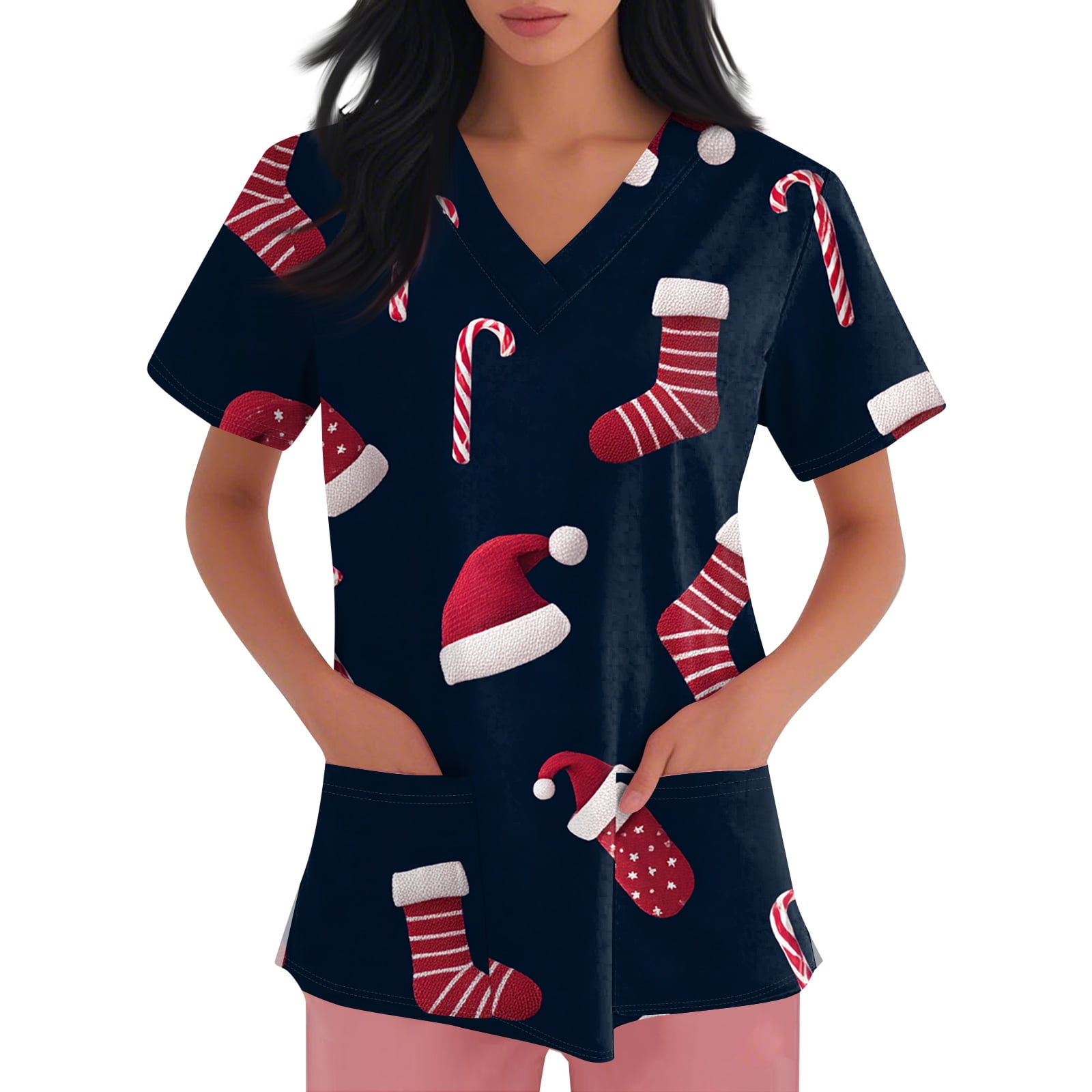 Garbnen Christmas Scrub Tops V Neck Short Sleeve Womens Fall Tops ...