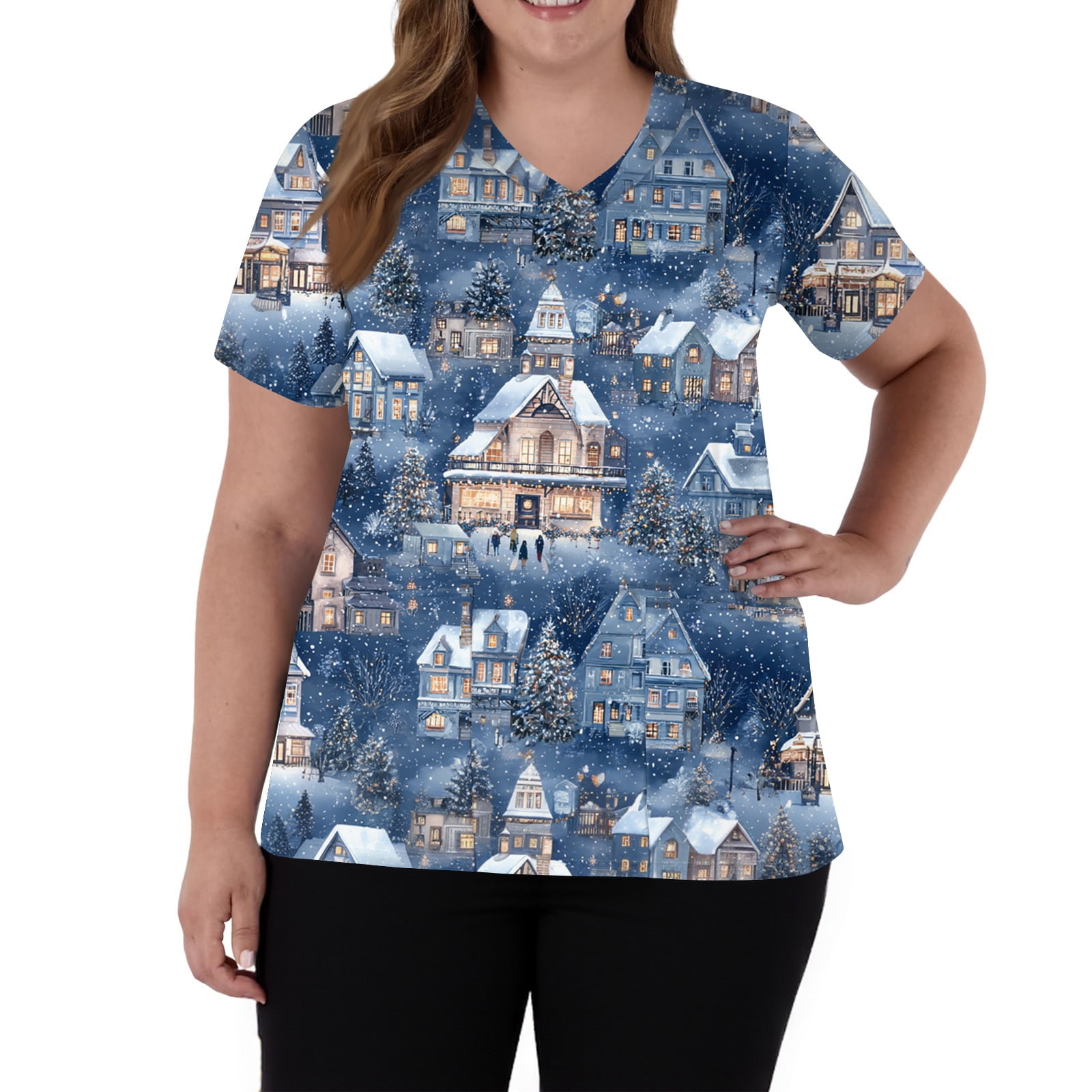 Garbnen Christmas Scrub Tops V Neck Short Sleeve Womens Tops Casual Xmas Printed Nurse Uniforms ...