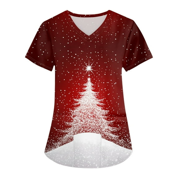 Garbnen Christmas Scrub Tops Woman Funny Xmas Printed V Neck Short ...