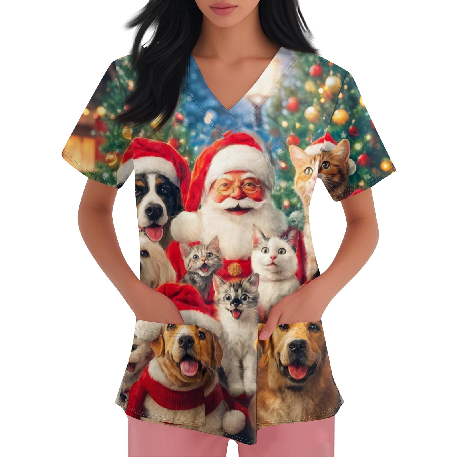 Garbnen Christmas Scrub Tops Women Stretchy V Neck Short Sleeve Womens ...