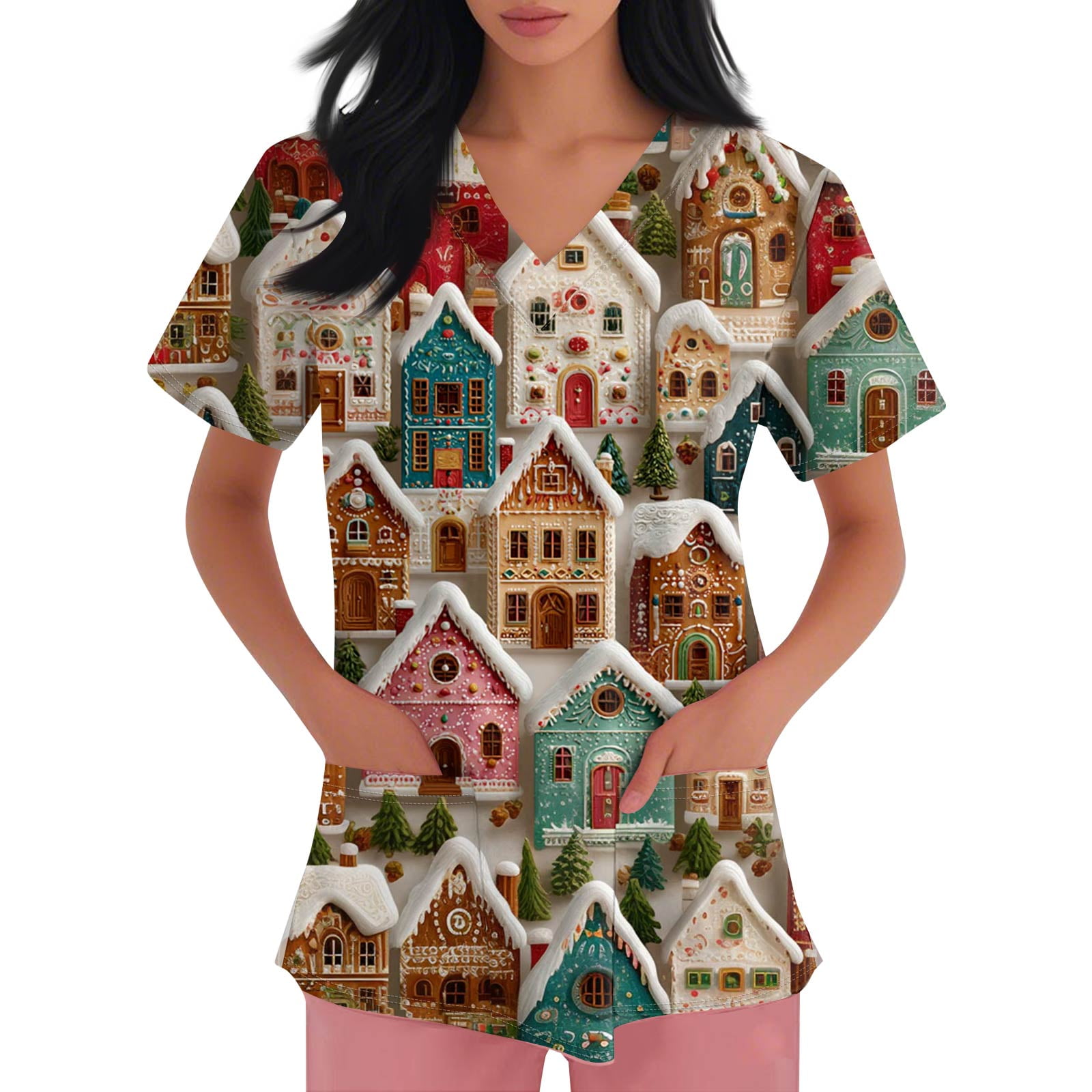 Garbnen Christmas Scrub Tops Women V Neck Short Sleeve Womens Fall Tops ...