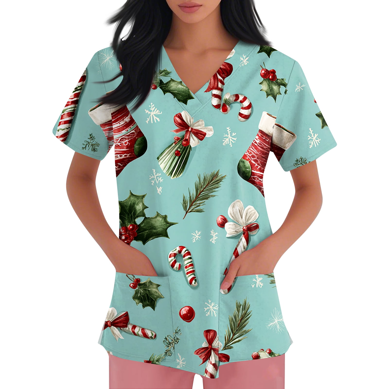 Garbnen Christmas Scrub Tops Women V Neck Short Sleeve Womens Tops ...