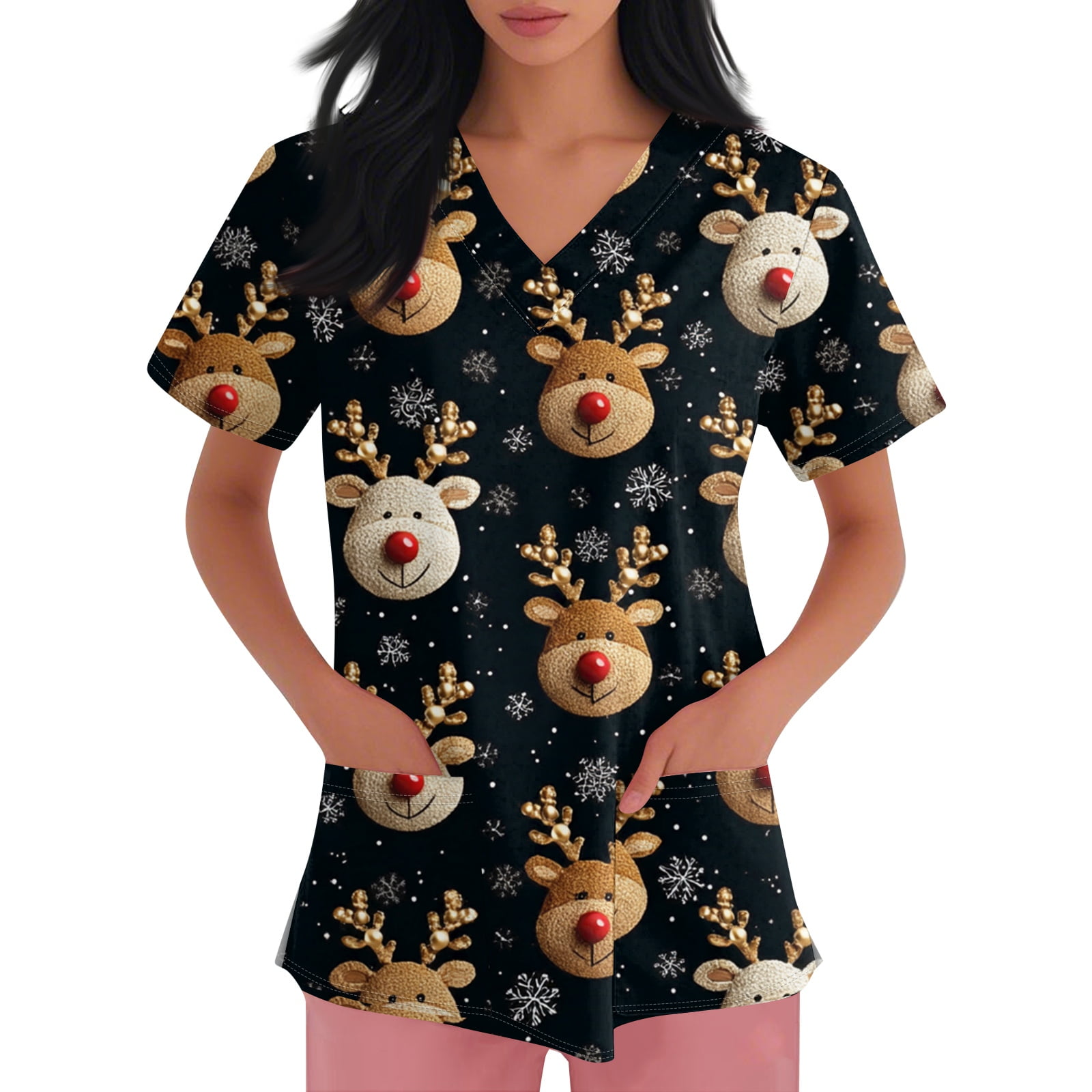 Garbnen Christmas Scrub Tops for Women Fitted V Neck Short Sleeve ...