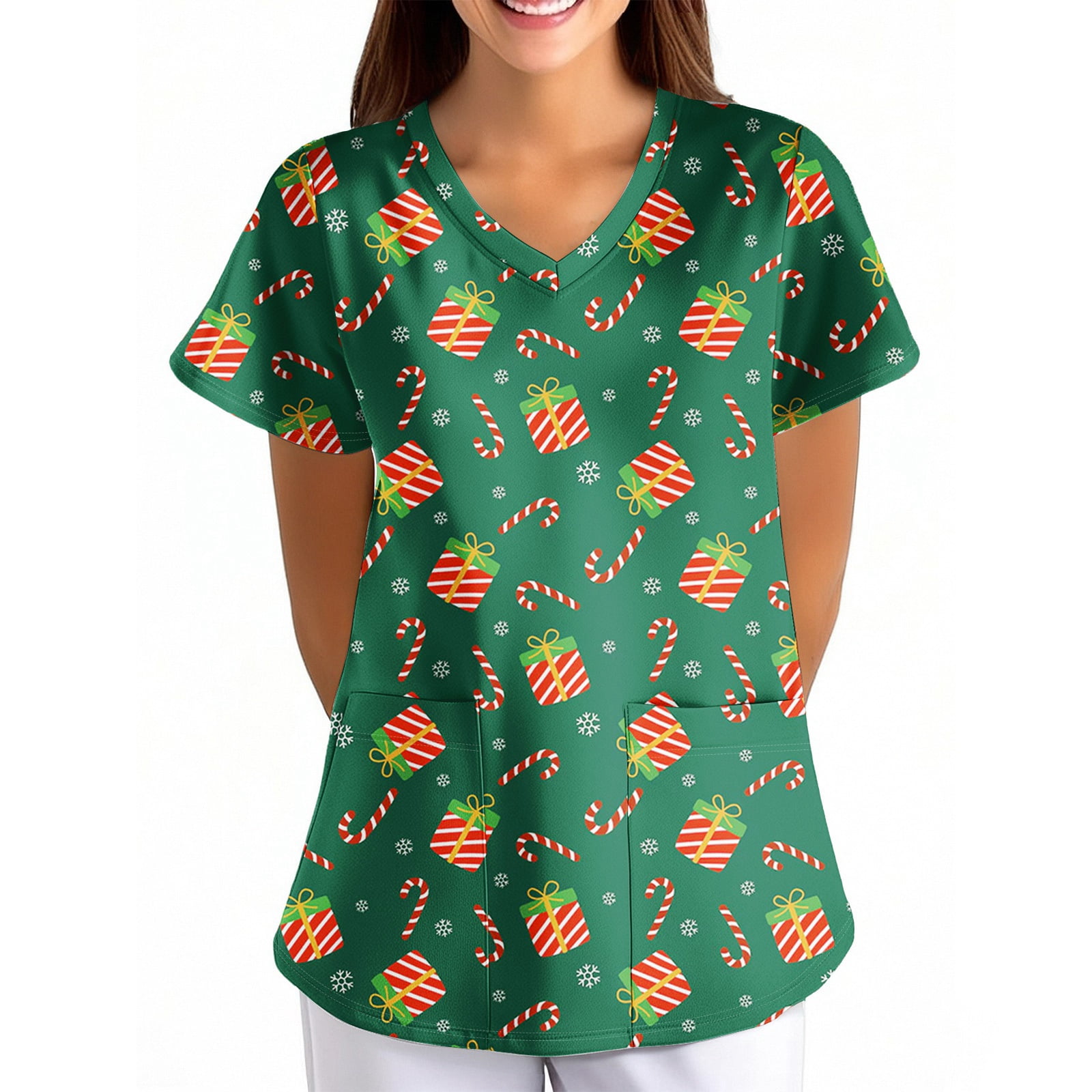 Garbnen Christmas Scrub Tops for Women Fitted V Neck Short Sleeve ...