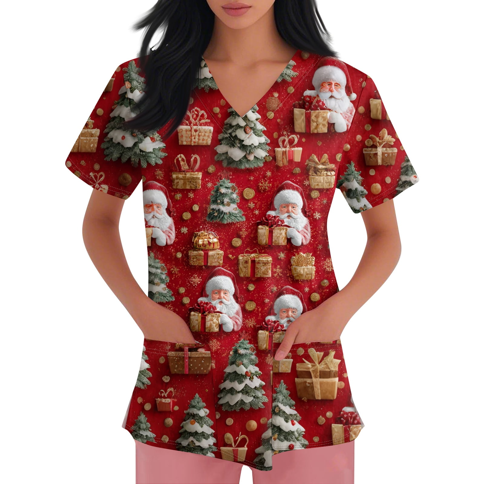 Garbnen Christmas Scrub Tops for Women V Neck Short Sleeve Womens ...