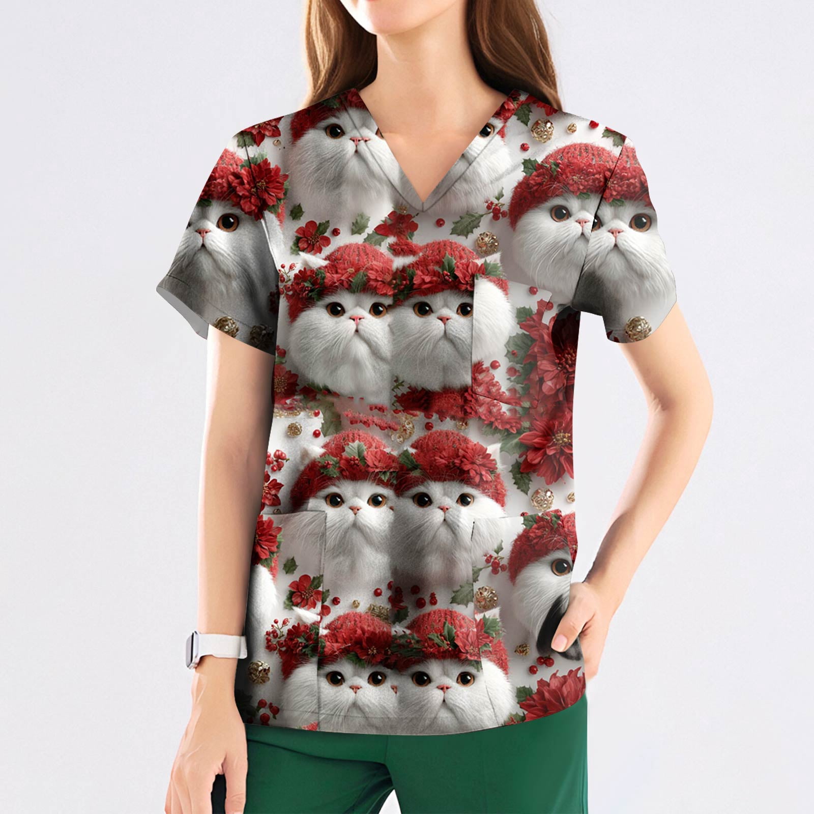 Garbnen Christmas Scrubs for Women Workwear V Neck Short Sleeve Fall ...