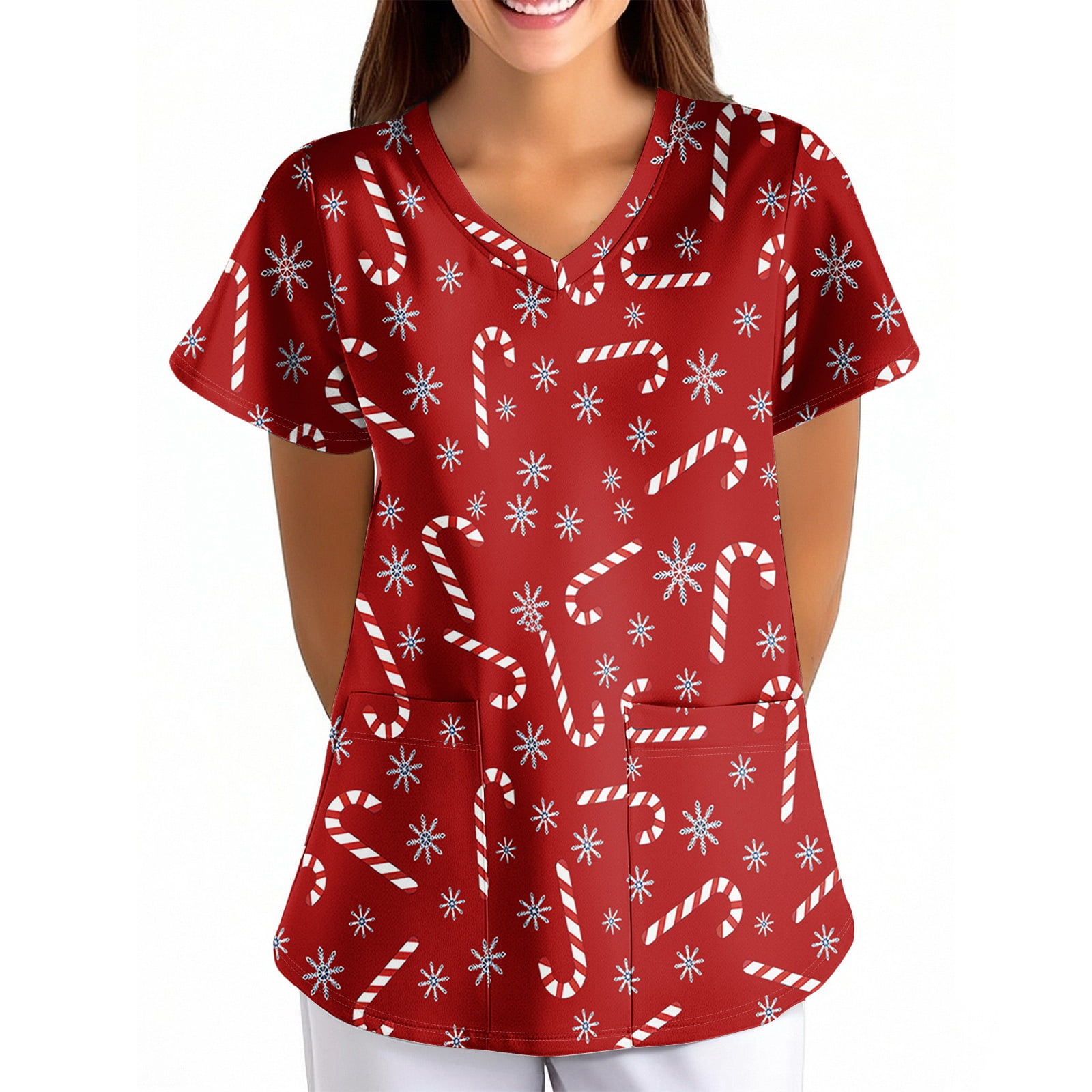 Garbnen Christmas Women Scrub Top V Neck Short Sleeve Womens Fall Tops ...
