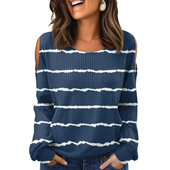 Garbnen Cold Shoulder Shirts for Women Striped Color Block Long Sleeve ...