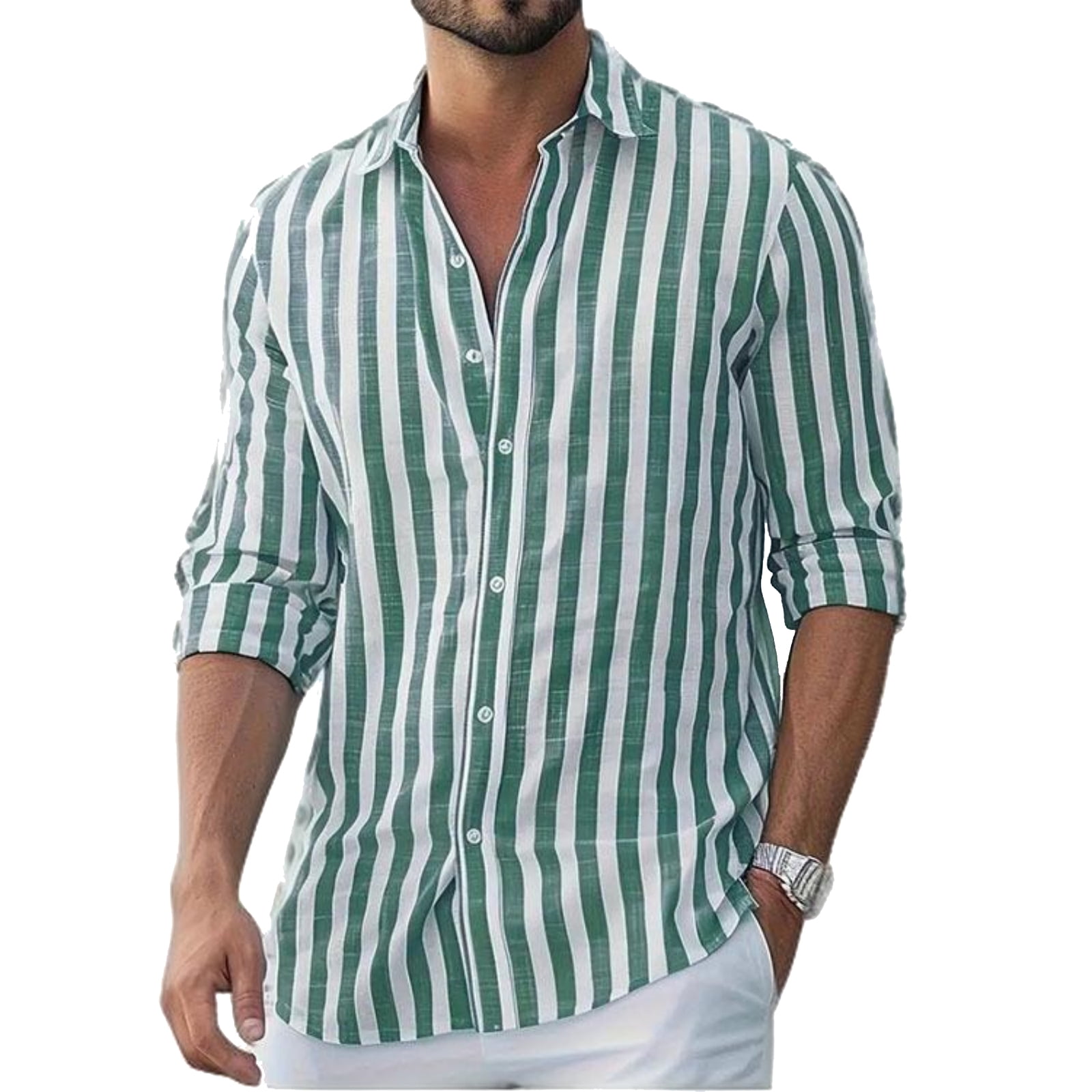 Garbnen Green Striped Shirt for Men Cotton Linen Long Sleeve Button ...