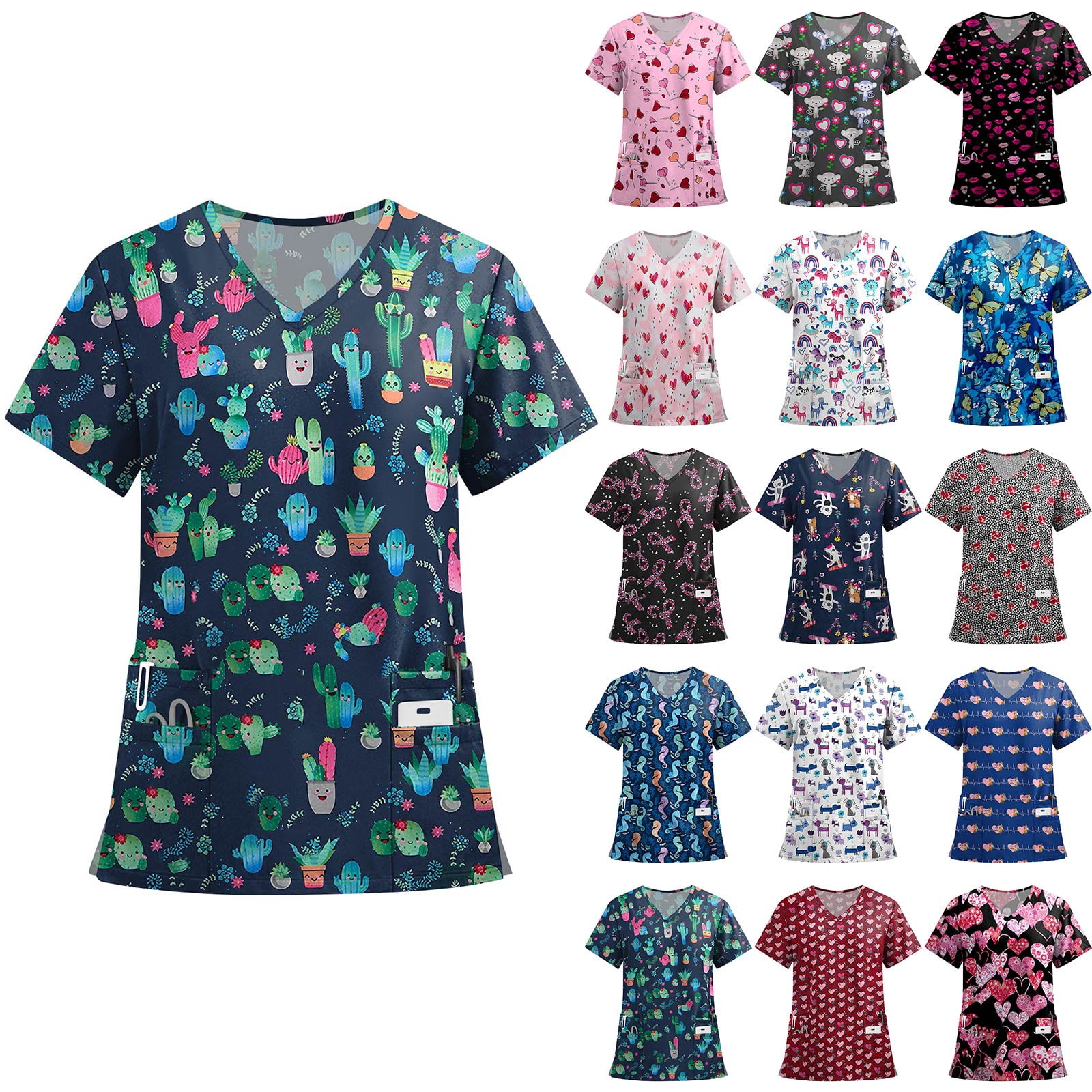 Garbnen Heart Print Woman Scrubs Plus Size Stretch V Neck Short Sleeve ...