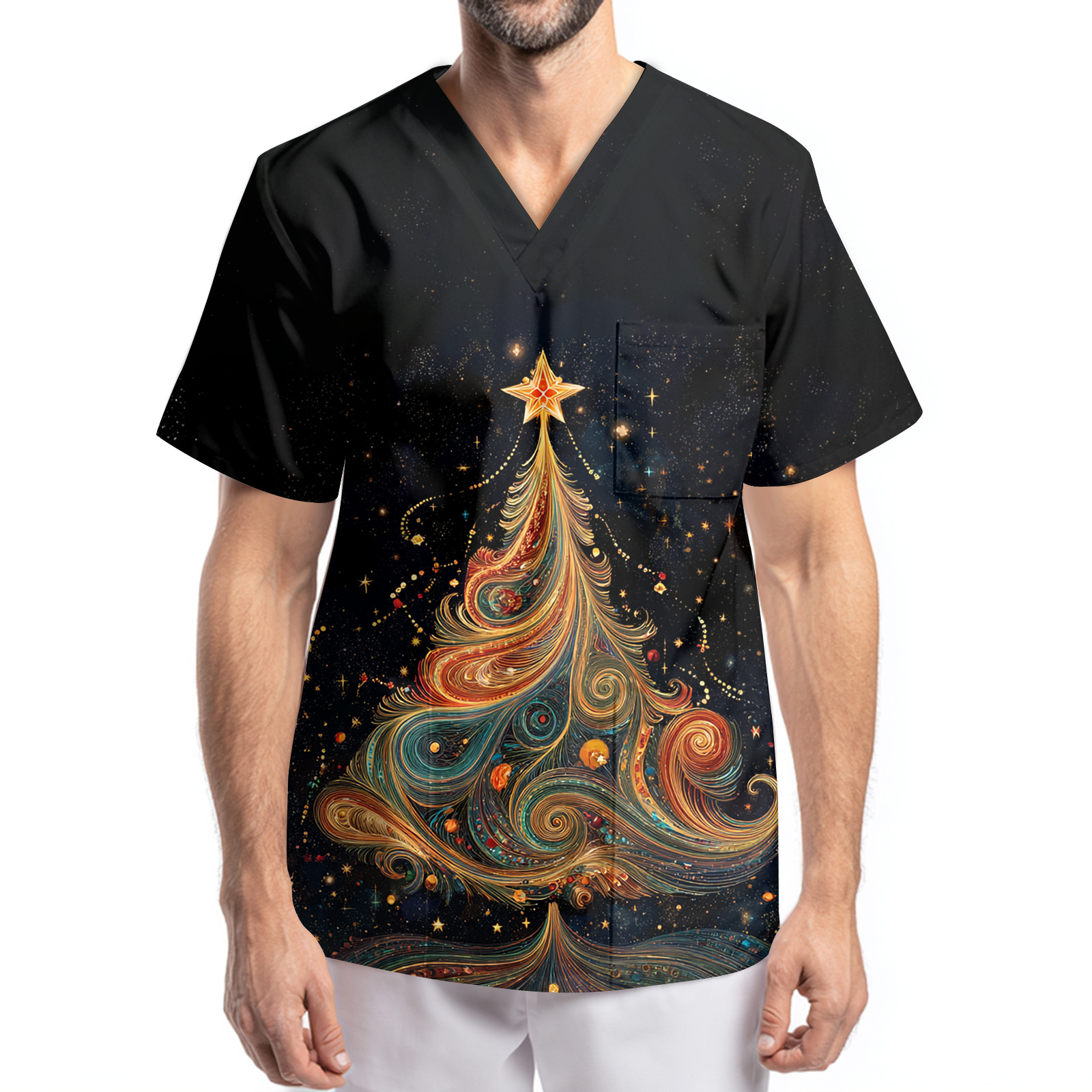 Garbnen Holiday Scrub Tops V Neck Short Sleeve Stretchy Scrubs Men ...