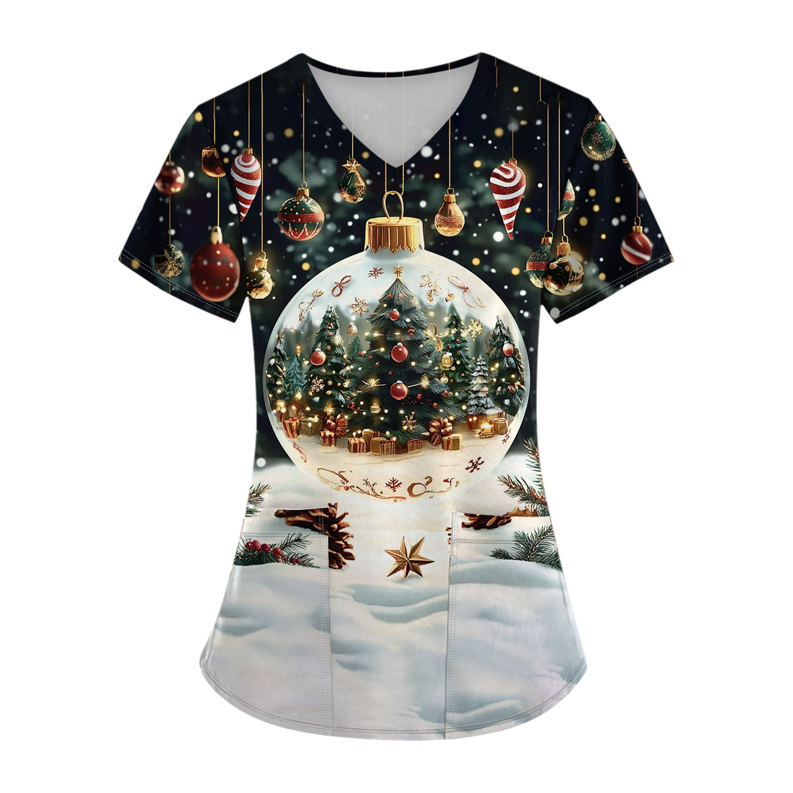 Garbnen Holiday Scrubs Tops for Women Funny Xmas Printed V Neck Short ...