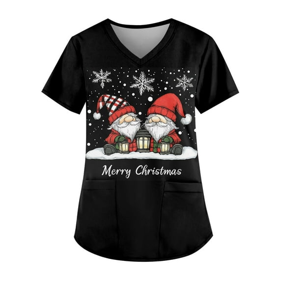 Garbnen Christmas Scrub Tops Woman Funny Xmas Printed V Neck Short ...