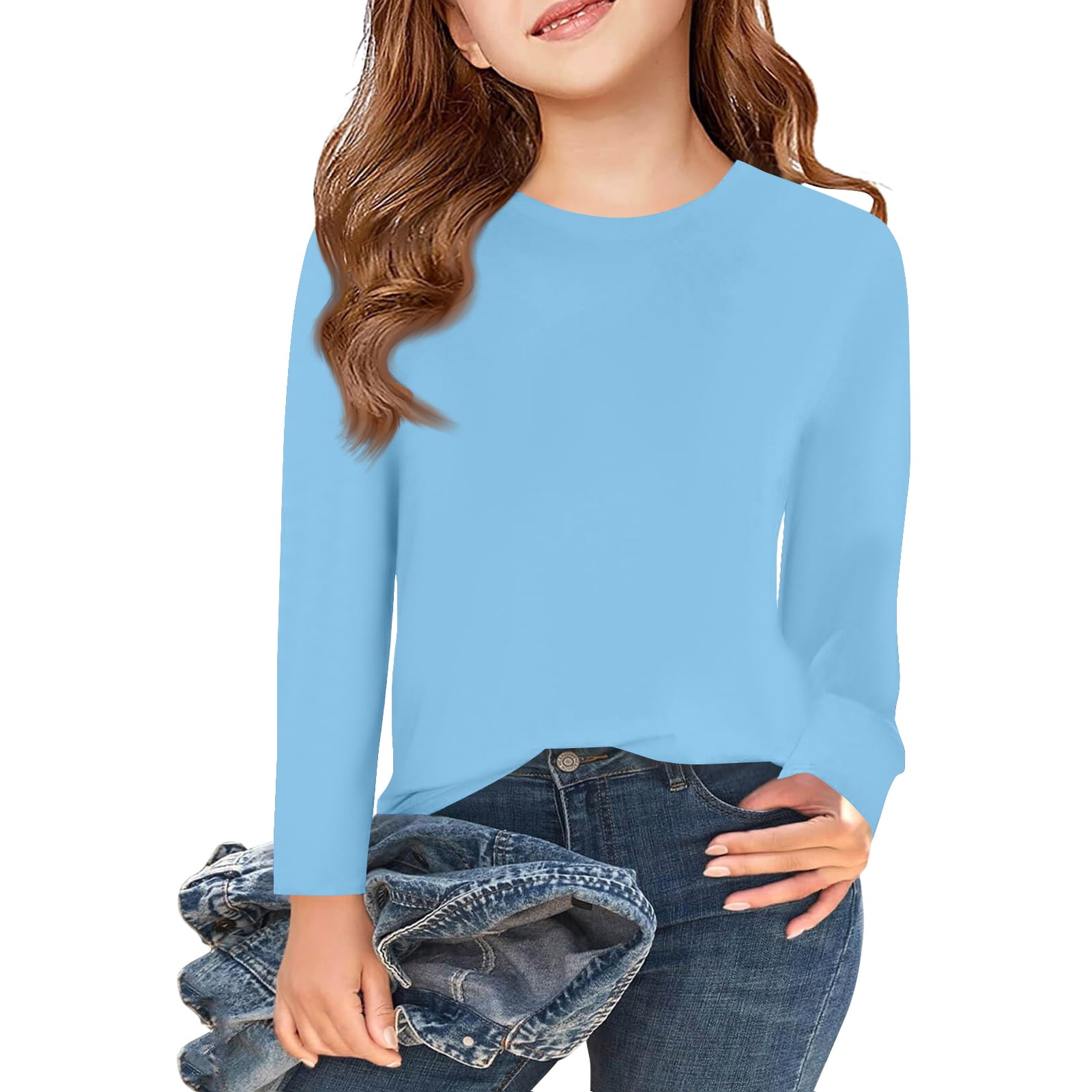 Garbnen Long Sleeve Shirts for Boys Crewneck Blue T Shirts for Girls Basic Fall Preppy Teen Girl ...