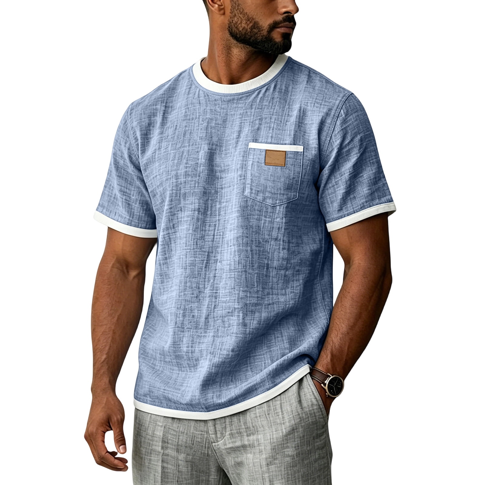Garbnen Men Linen Shirt Crew Neck Mens Short Sleeve Tshirts Lightweight ...