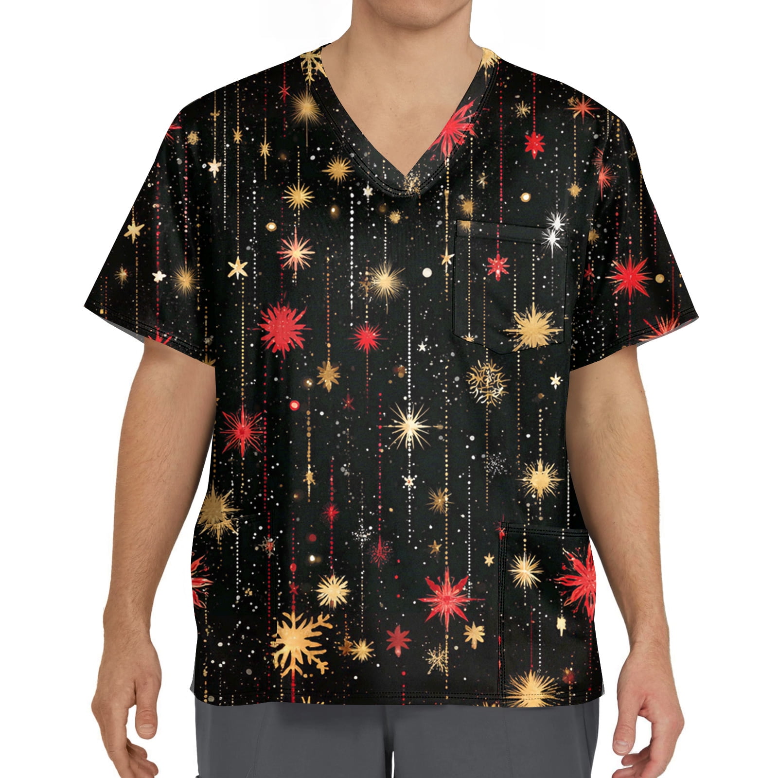 Garbnen Men's Christmas Scrub Top V Neck Short Sleeve Stretch Scrub Men ...