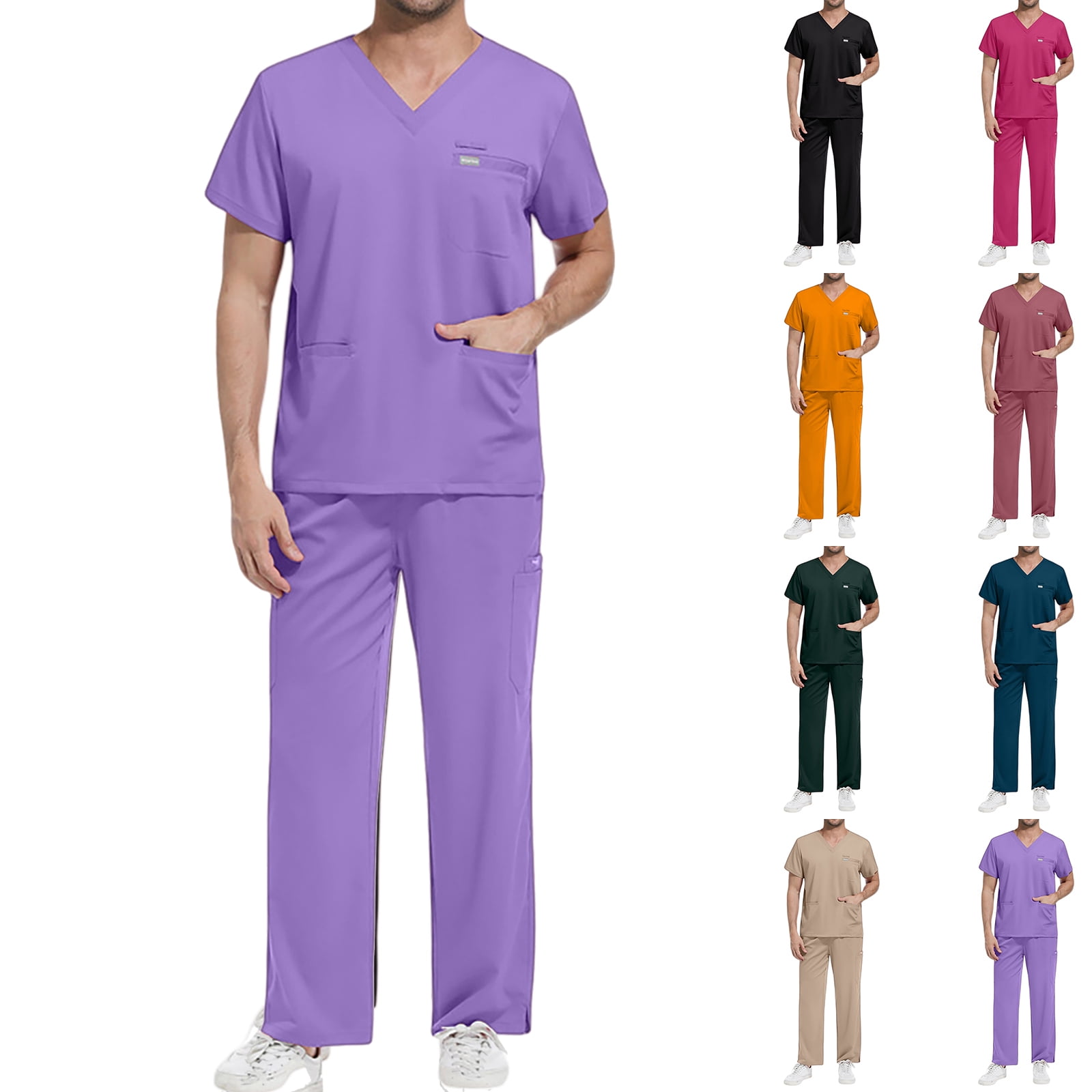 Garbnen Mens Scrubs Set Stretch Short Sleeve V-Neck Scrub Top & Jogger ...