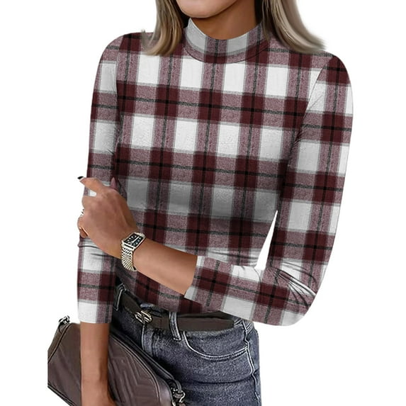 Garbnen Plaid 3/4 Length Sleeve Womens Tops Color Block Womens Mock ...