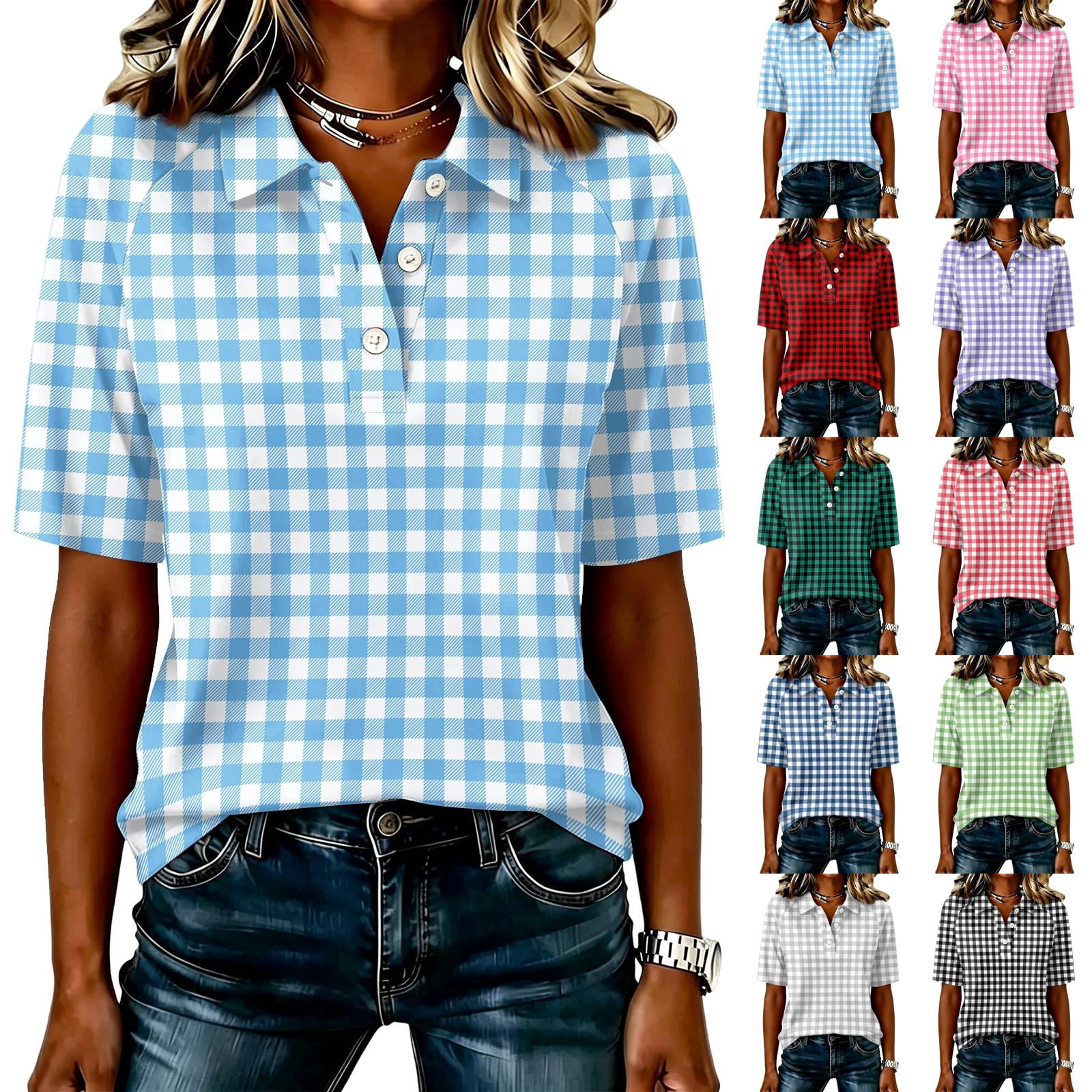 Garbnen Plaid Polo Shirts for Women Raglan Collared Henley Women Short ...