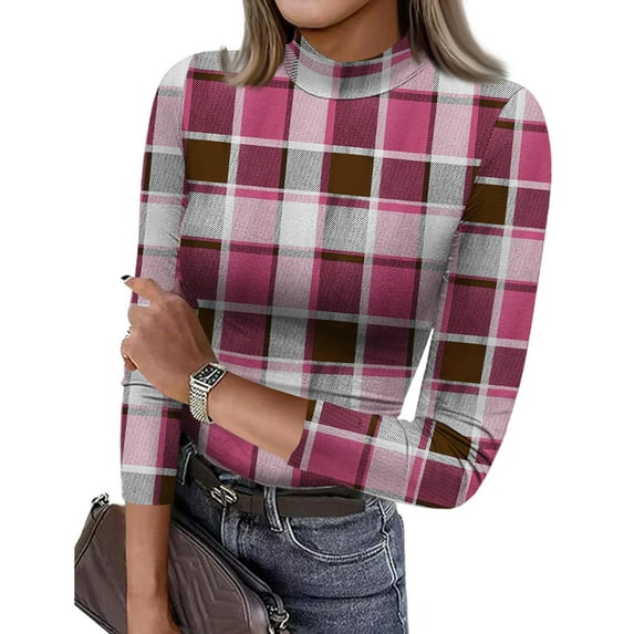 Garbnen Plaid Womens Tops 3/4 Sleeve Color Block Mock Neck Tops for ...