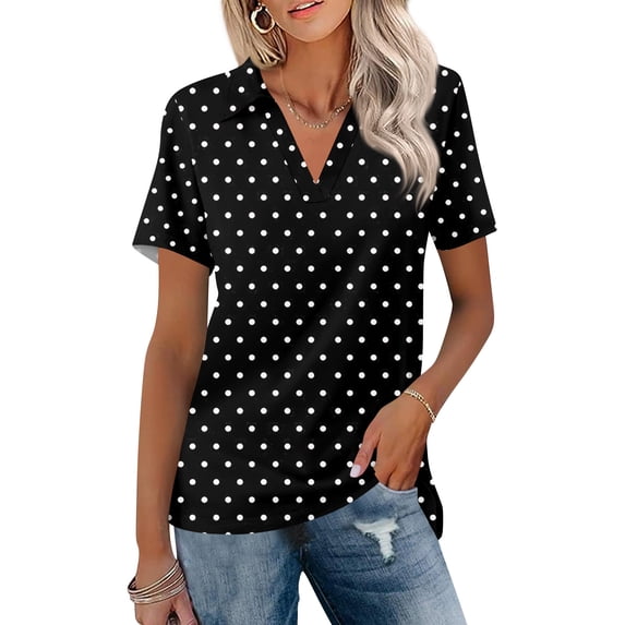 Garbnen Polo Shirt Women V Neck Polka Dot Fashion Short Sleeve Shirts ...