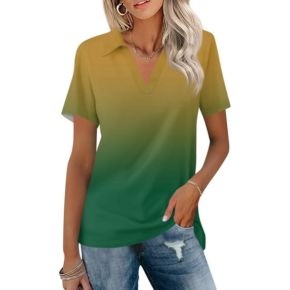 Garbnen Polo Shirts for Women Dressy Gradient V Neck Color Block Short ...
