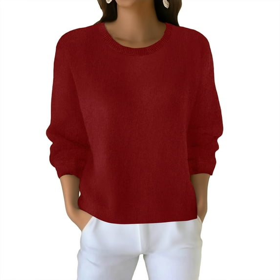 Garbnen Red Womens Crewneck Sweater Trendy Fitted Long Sleeve Shirts ...