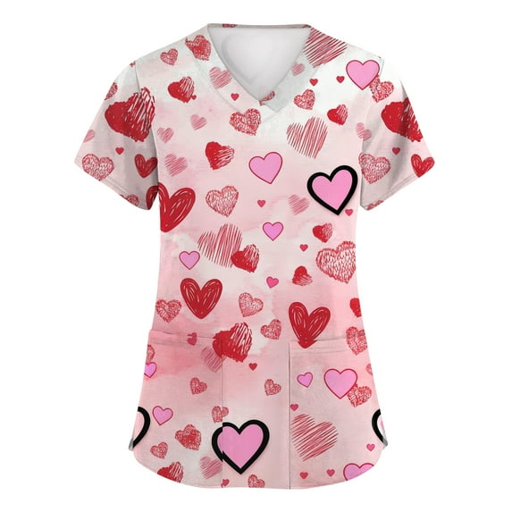 Garbnen S-5XL Valentine Scrub Top Short Sleeve V Neck Heart Pattern ...