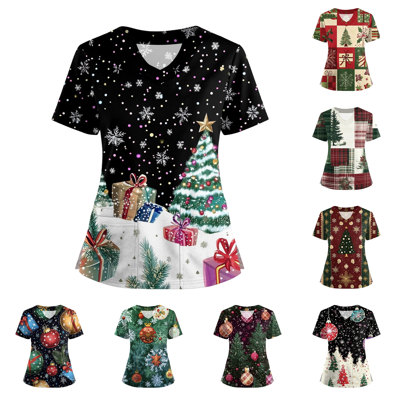 Garbnen Scrub Tops Merry Christmas Top Scrubs for Women Short Sleeve V ...