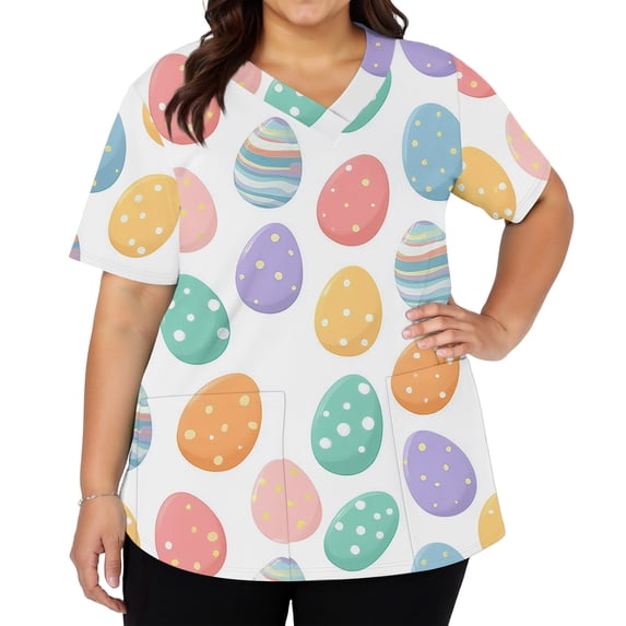Garbnen Scrub Tops Women Easter Bunny Egg Nursing Uniform V Neck Plus ...
