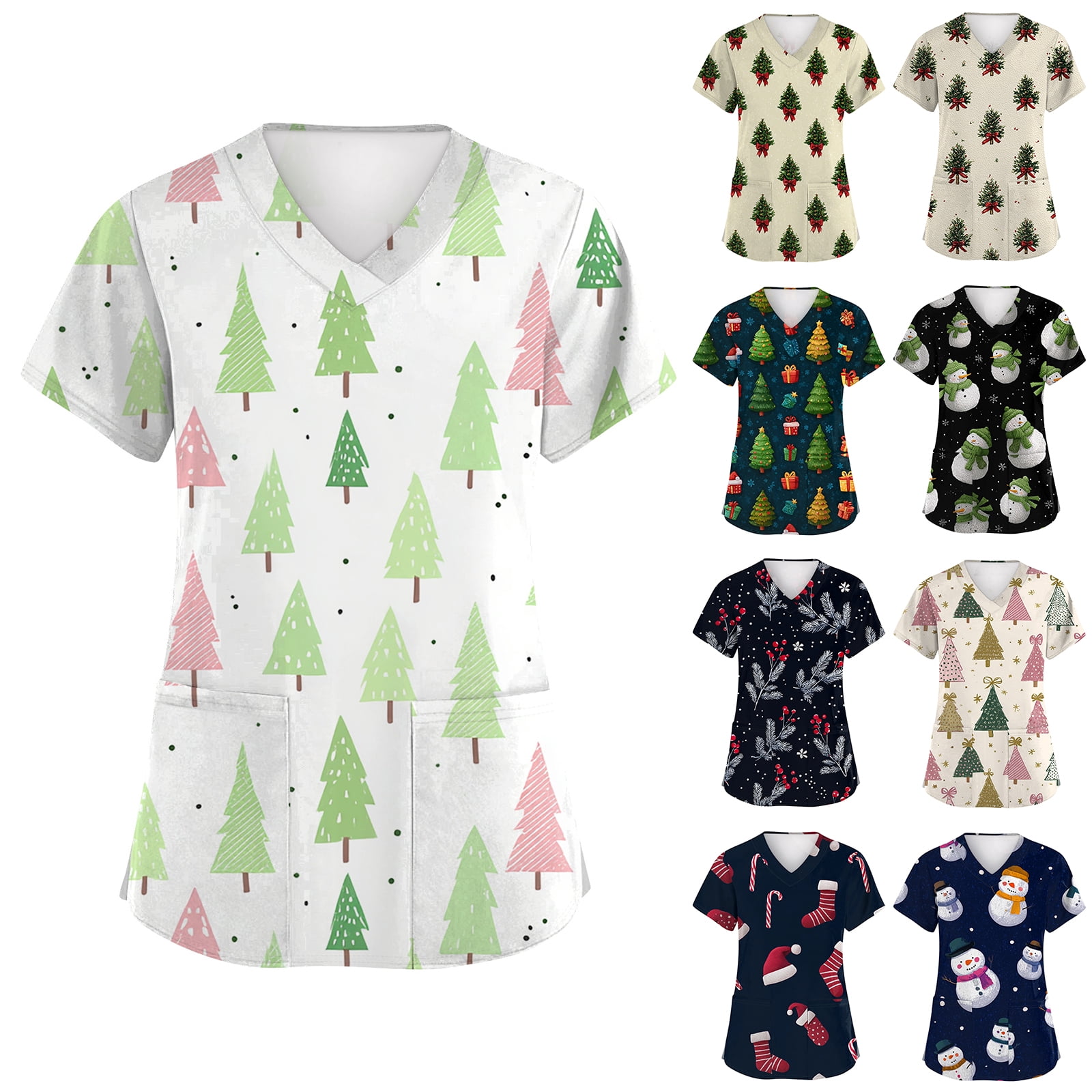 Garbnen Scrubs Tops Christmas Scrubs Tops Short Sleeve V Neck Navidad ...