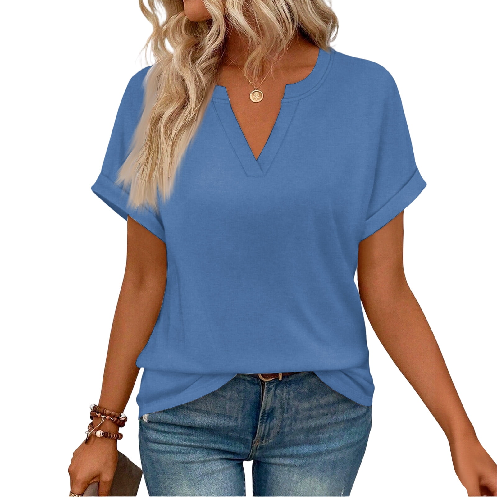 Garbnen Short Sleeve Shirts for Women Spring Summer Blue Womens V Neck ...