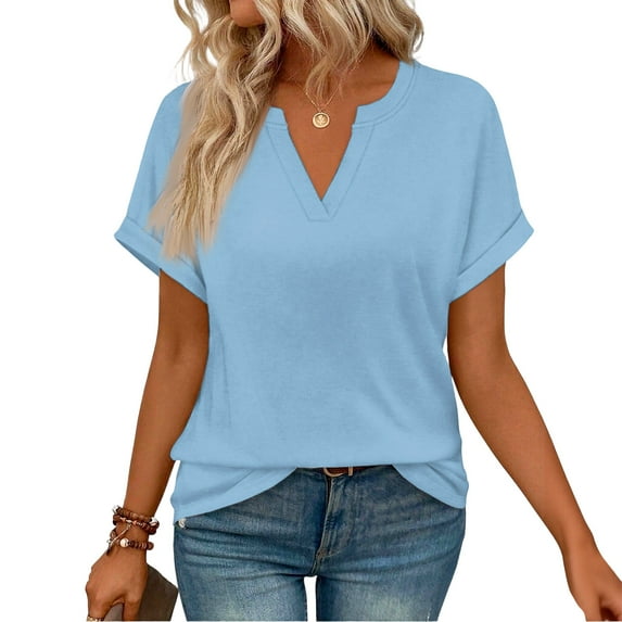 Garbnen Short Sleeve T Shirts for Women Spring Summer Blue Women V Neck ...