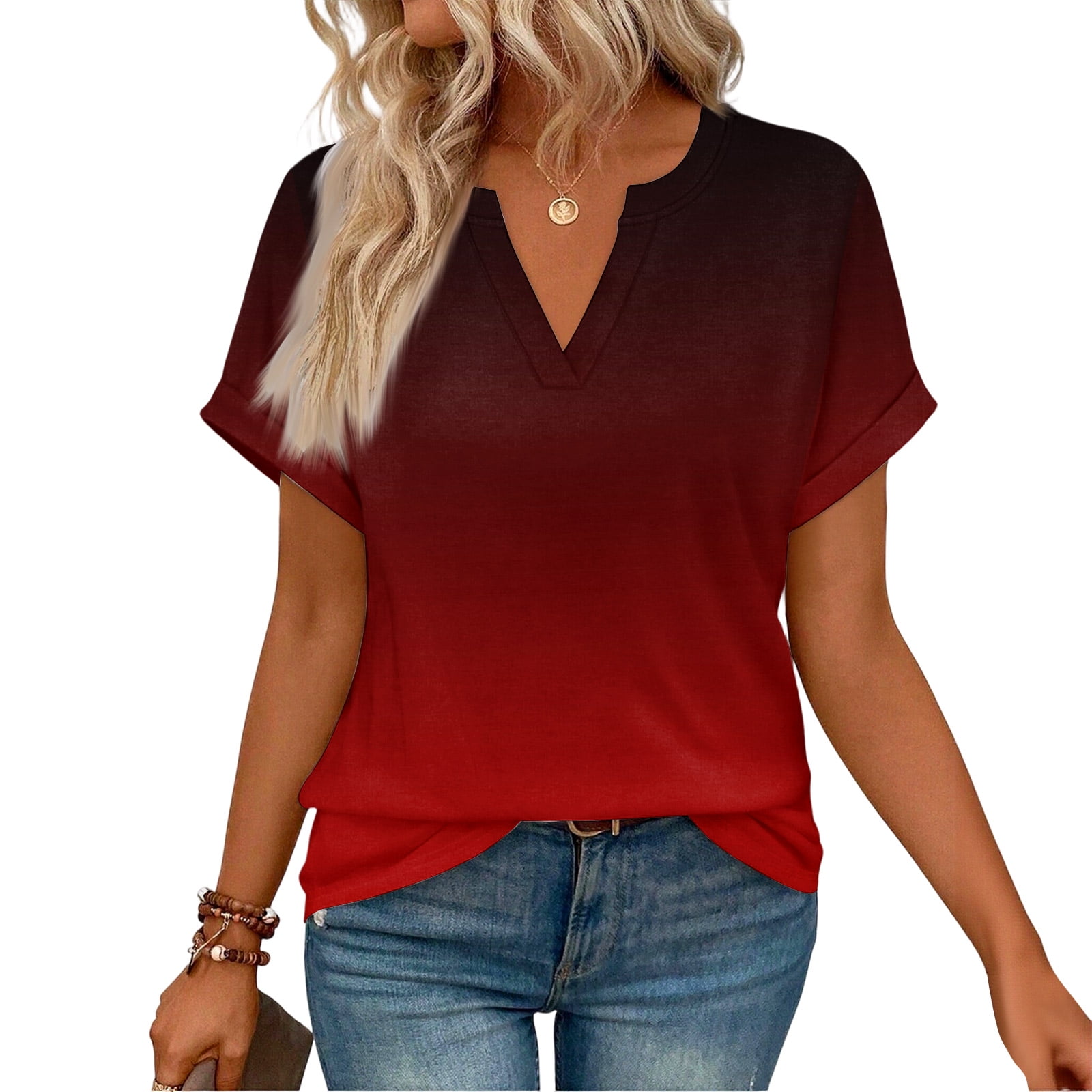 Garbnen Short Sleeve Tops for Women Spring Summer Gradient Vneck Tops ...
