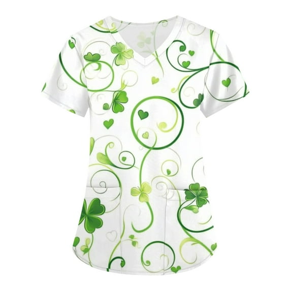 Garbnen St Patricks Day Scrub Top Women Four-Leaf Clover Print Womens ...
