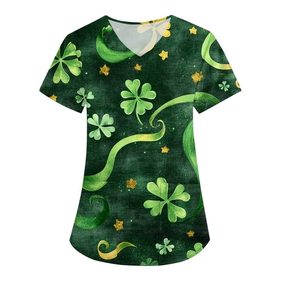 Garbnen St Patricks Day Scrub Tops for Women Four-Leaf Clover Women's ...